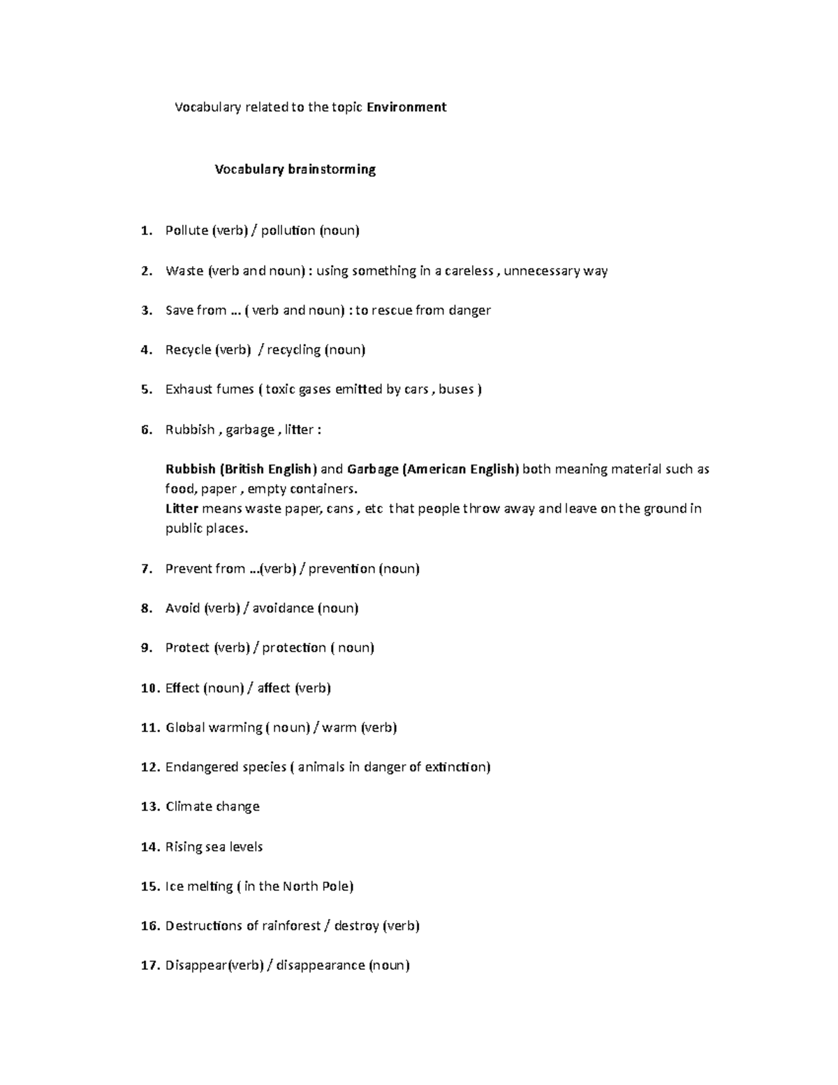 Vocabulary related to the topic Environment (2) - Vocabulary related to ...