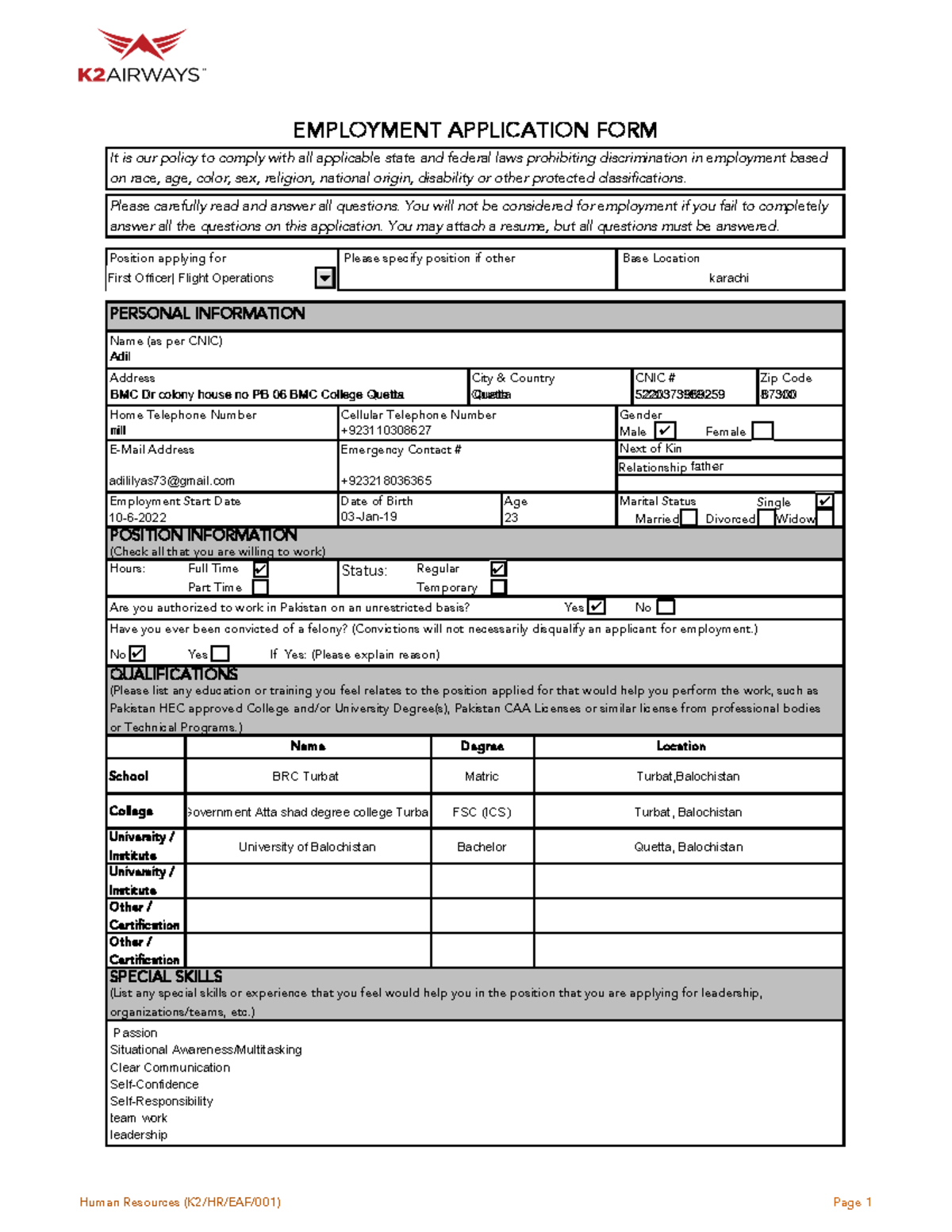 Employment Application Form 1 - E-Mail Address Emergency Contact ...