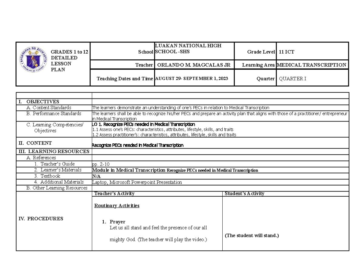 Dll-mt-week1 2023-2024 - GRADES 1 to 12 DETAILED LESSON PLAN School LUAKAN NATIONAL HIGH SCHOOL ...
