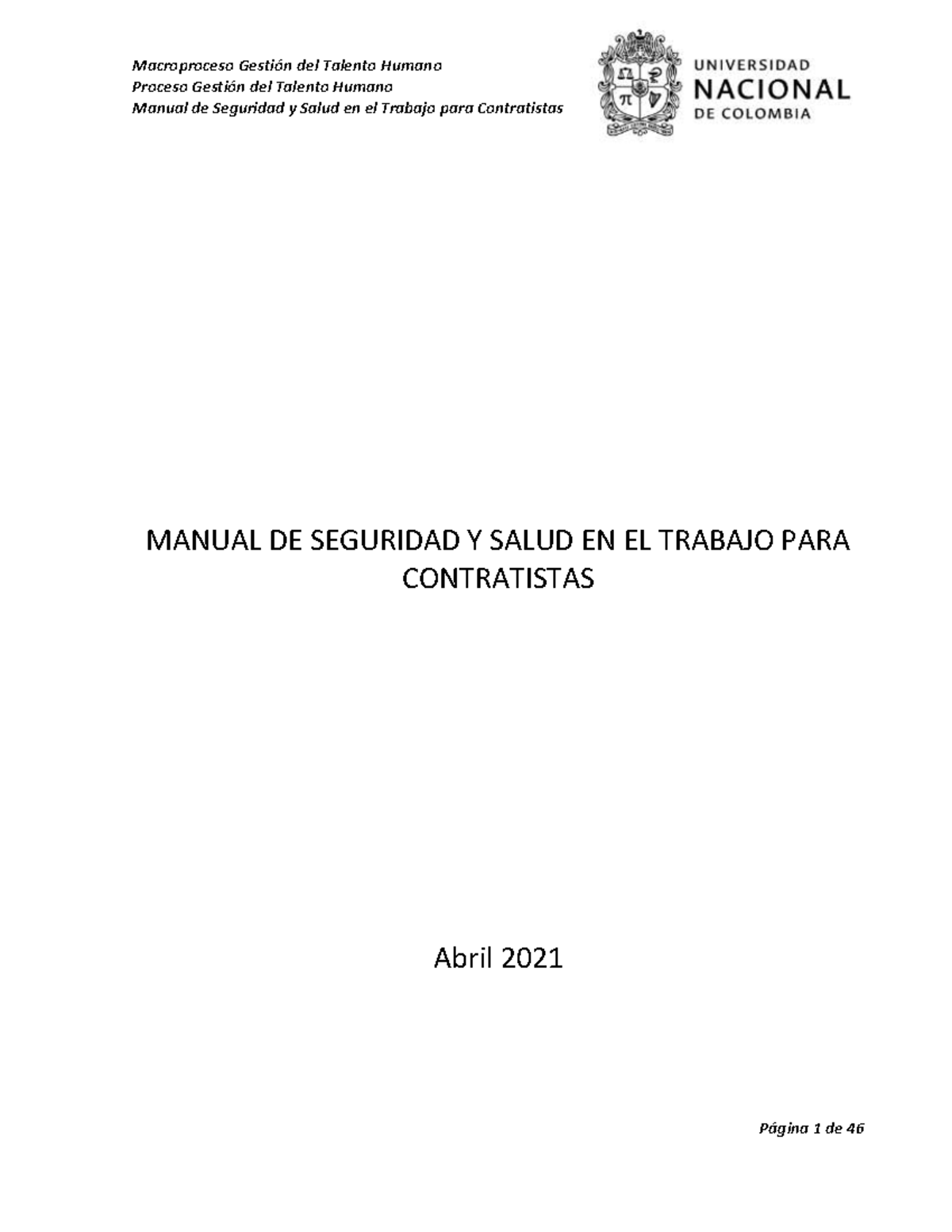 Manual Seguridad Y Salud EN EL Trabajo PARA Contratistas - Proceso ...