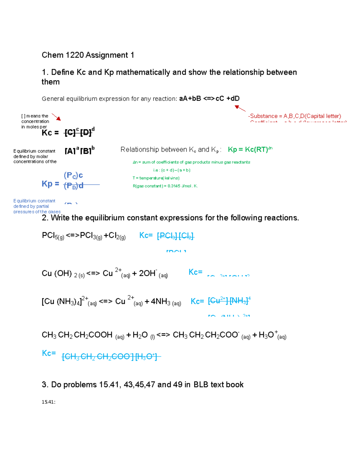 Chem 1220 Assignment 1 - HW 1 - Chem 1220 Assignment 1 Define Kc and Kp ...