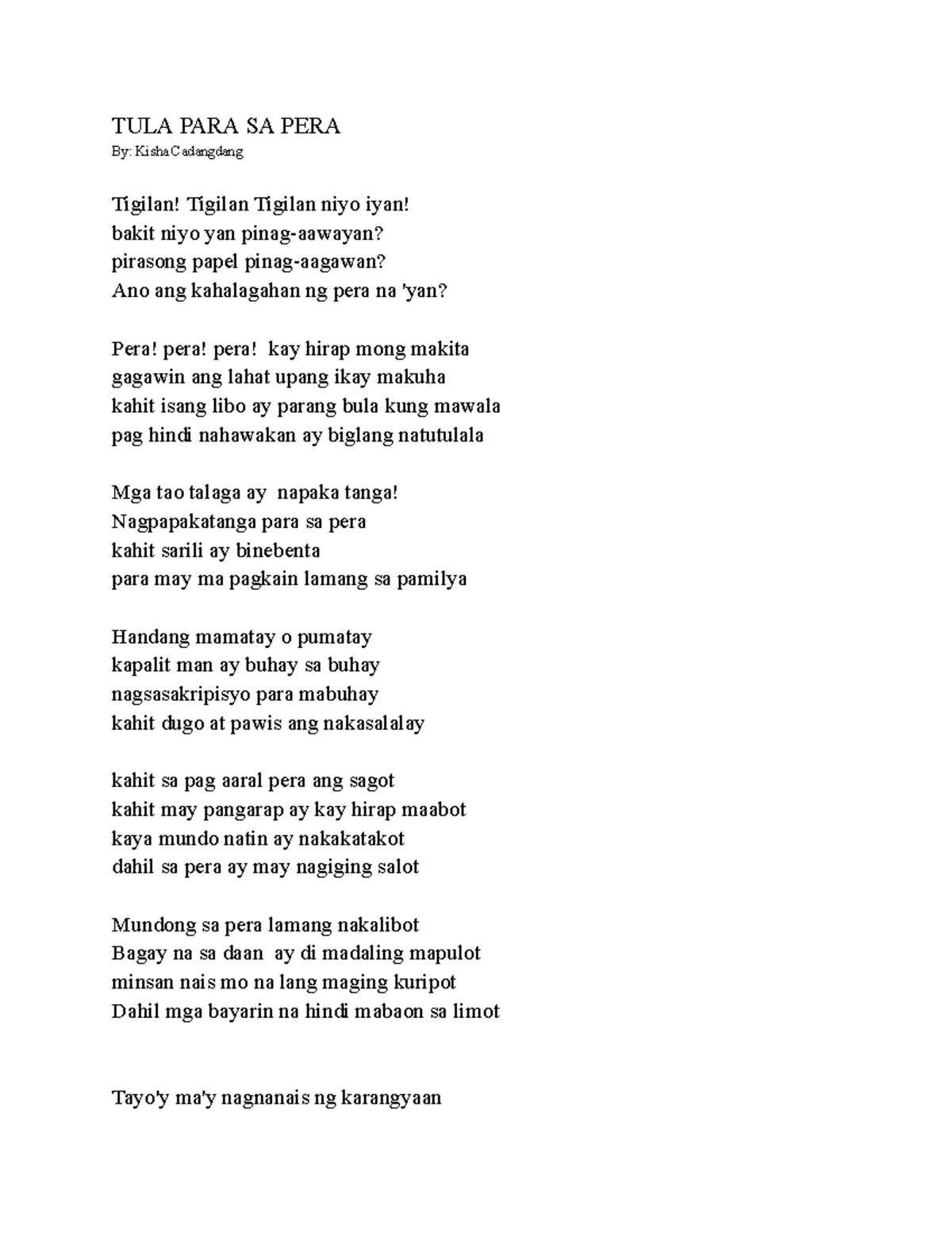 Tula tungkol sa pera - TULA PARA SA PERA By: Kisha Cadangdang Tigilan ...