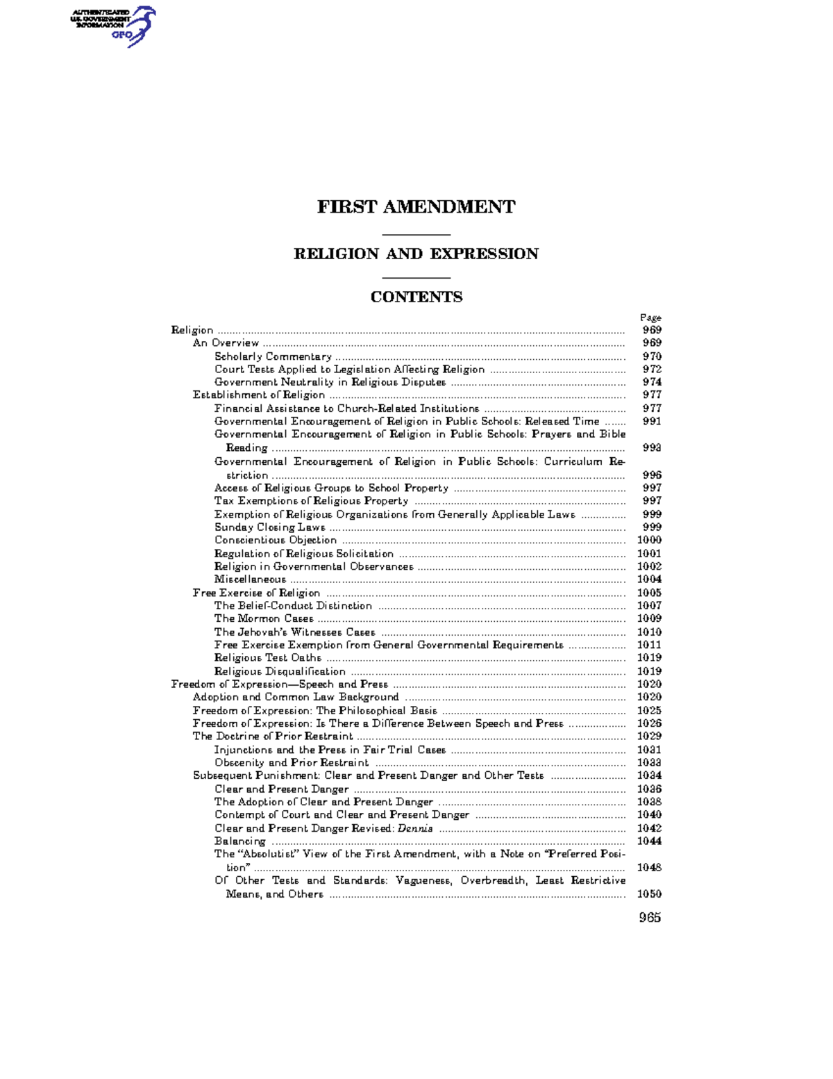 GPO Conan 1992 10 2 - FIRST AMENDMENT RELIGION AND EXPRESSION CONTENTS ...