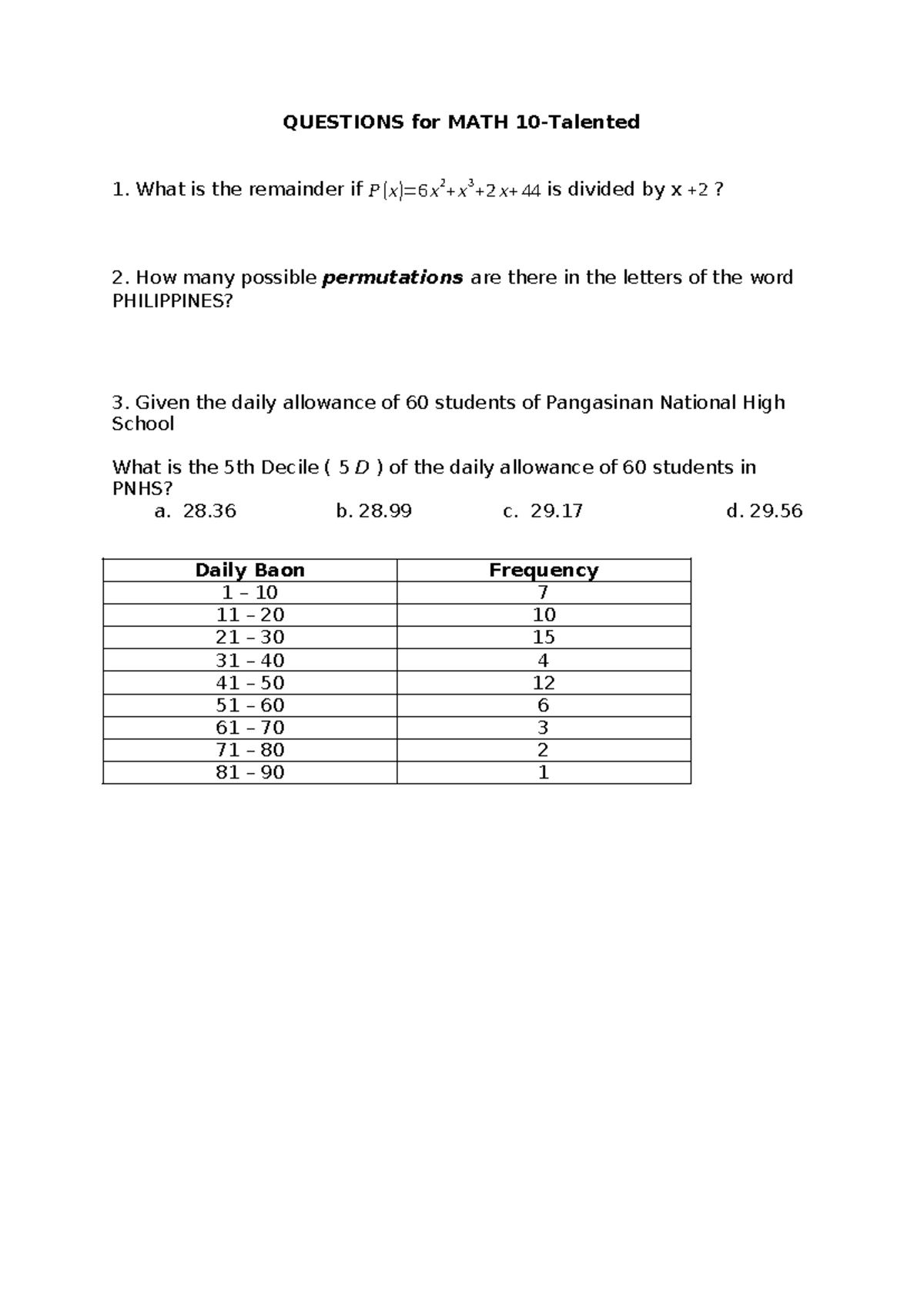 Questions-for-MATH-10 - Masters in Education - QUESTIONS for MATH 10 ...