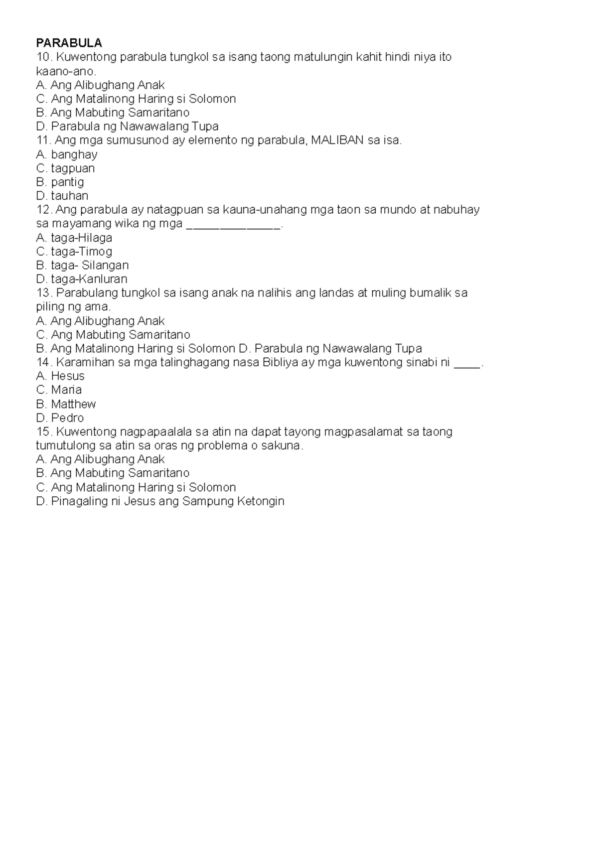 Parabula - notes - PARABULA Kuwentong parabula tungkol sa isang taong ...