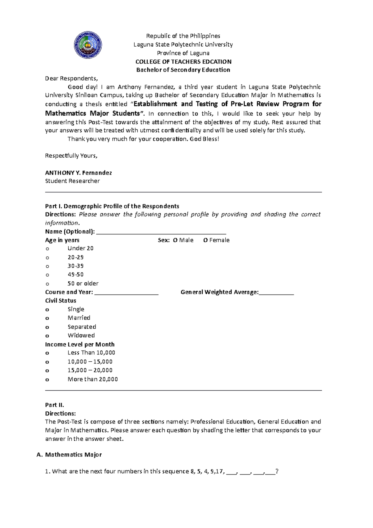 Post-Test Post-Test for Establishment and Testing of Pre Let Review ...