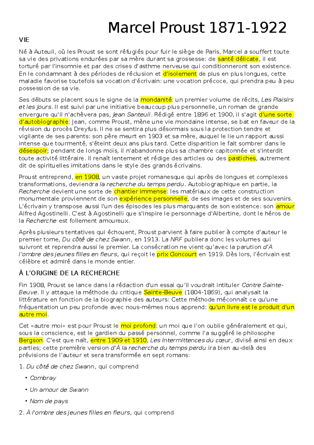 Marcel proust - biographie - Marcel Proust 1871- VIE Né à Auteuil, où ...