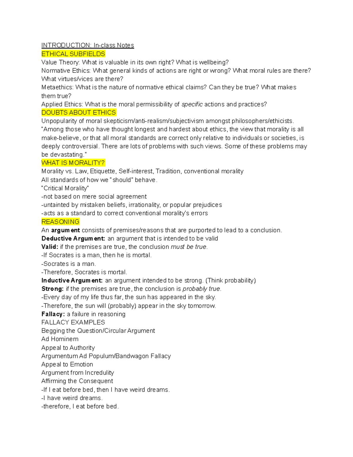 Introduction to Ethics - INTRODUCTION: In-class Notes ETHICAL SUBFIELDS ...