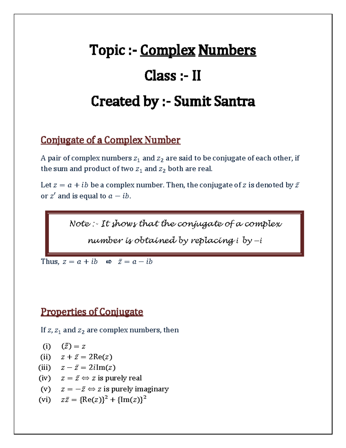 Complex Numbers Class 2 notes - Mathematics honours - Calcutta ...