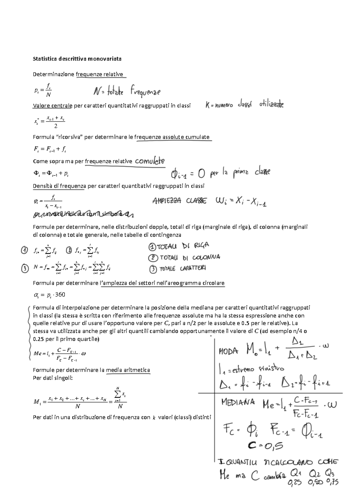 Formulario statistica 21-22 - Statistica descrittiva monovariata ...