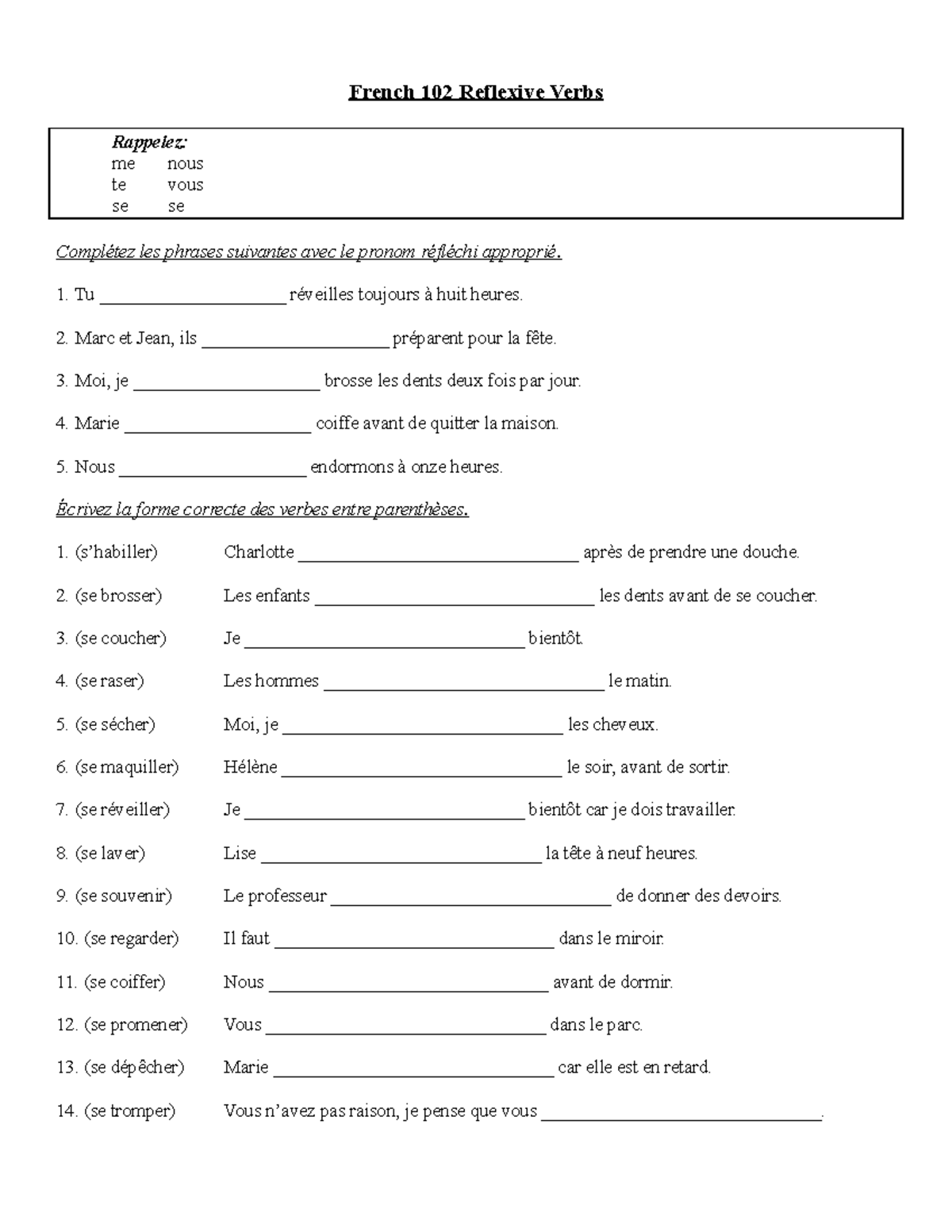 Reflexive Verbs - French 102 Reflexive Verbs Rappelez: me nous tese ...