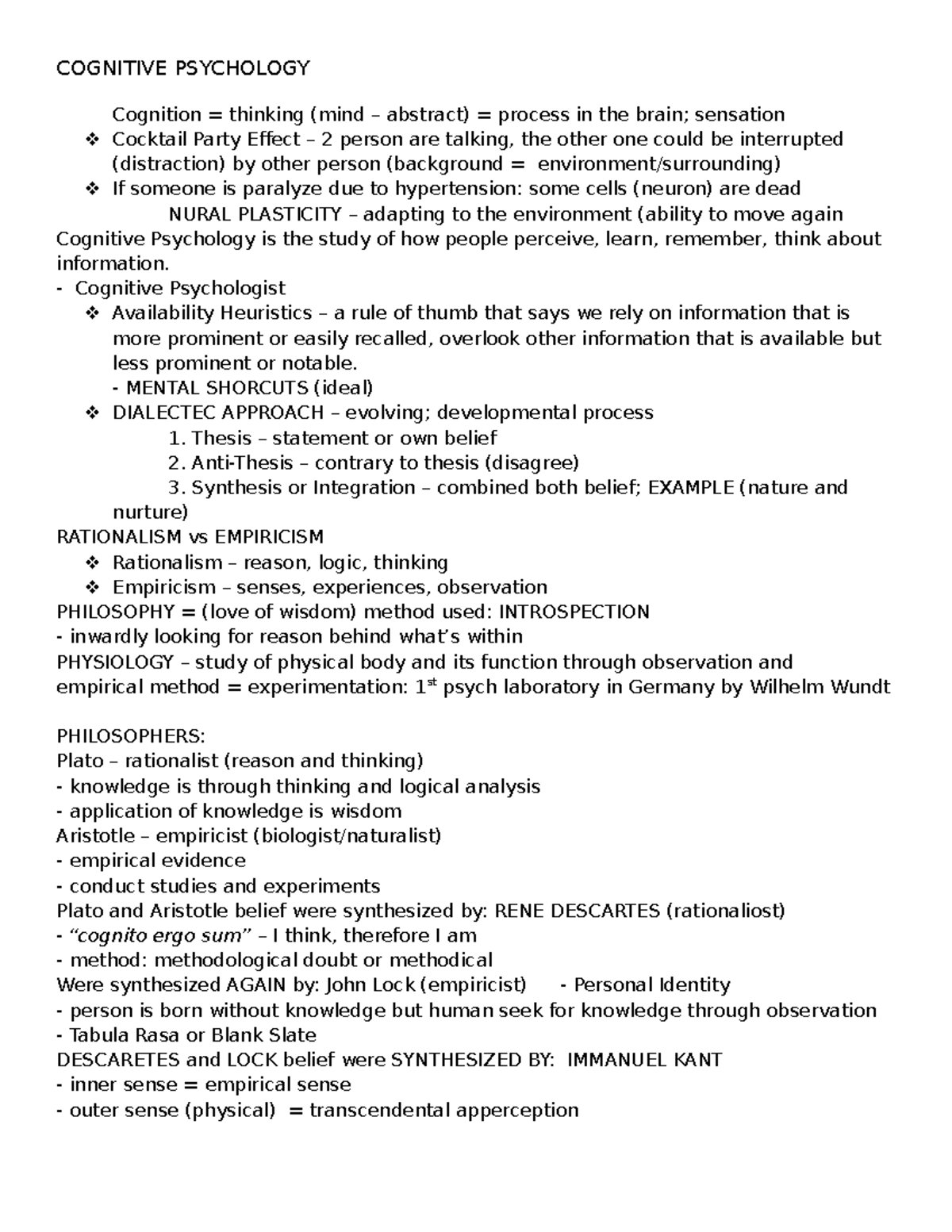 Cognitive Psych - COGNITIVE PSYCHOLOGY Cognition = thinking (mind ...