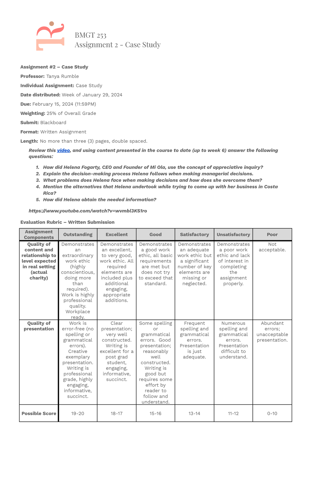 Assignment 2 Details - BMGT 253 Assignment 2 - Case Study Assignment #2 – Case Study Professor ...