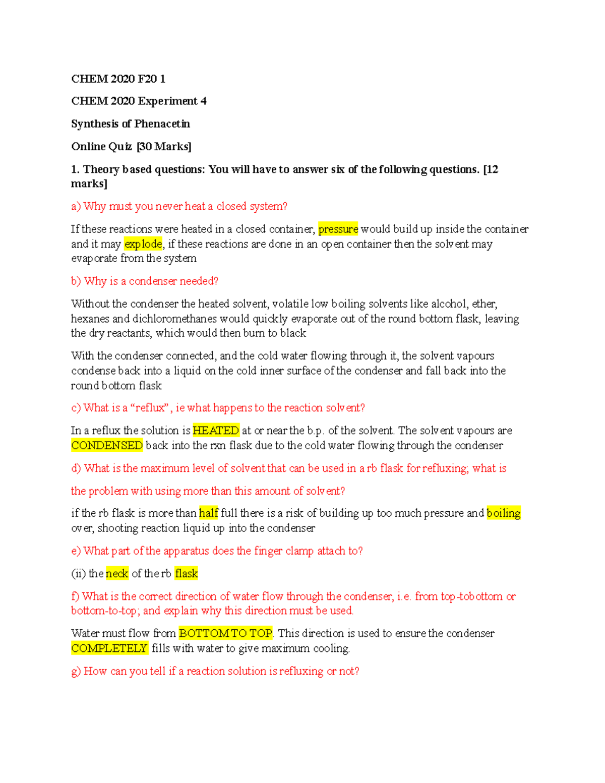 LAB 4-Quiz - Lab answers for quiz #4 - CHEM 2020 F20 1 **CHEM 2020 ...