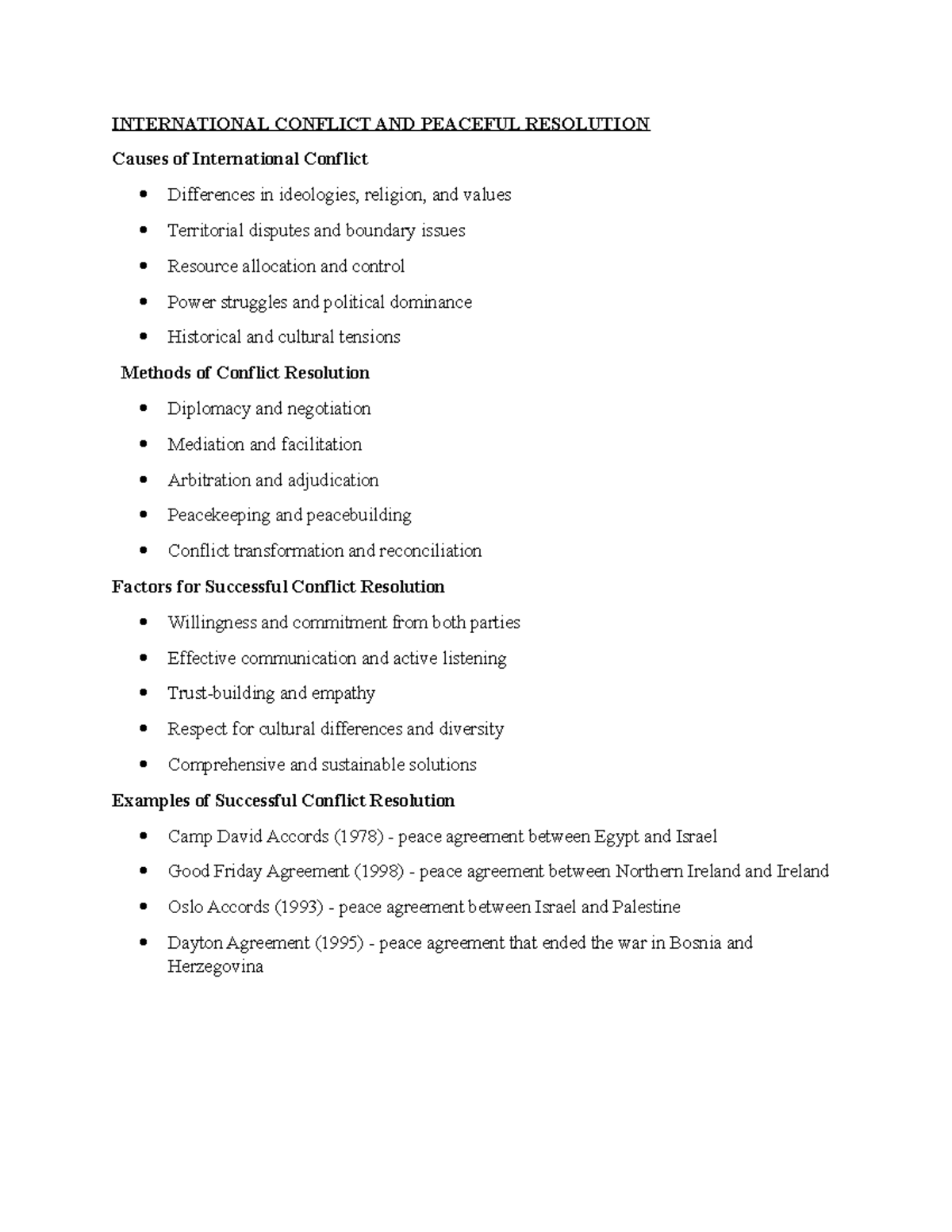PCS International Conflict AND Peaceful Resolution Notes 1 ...