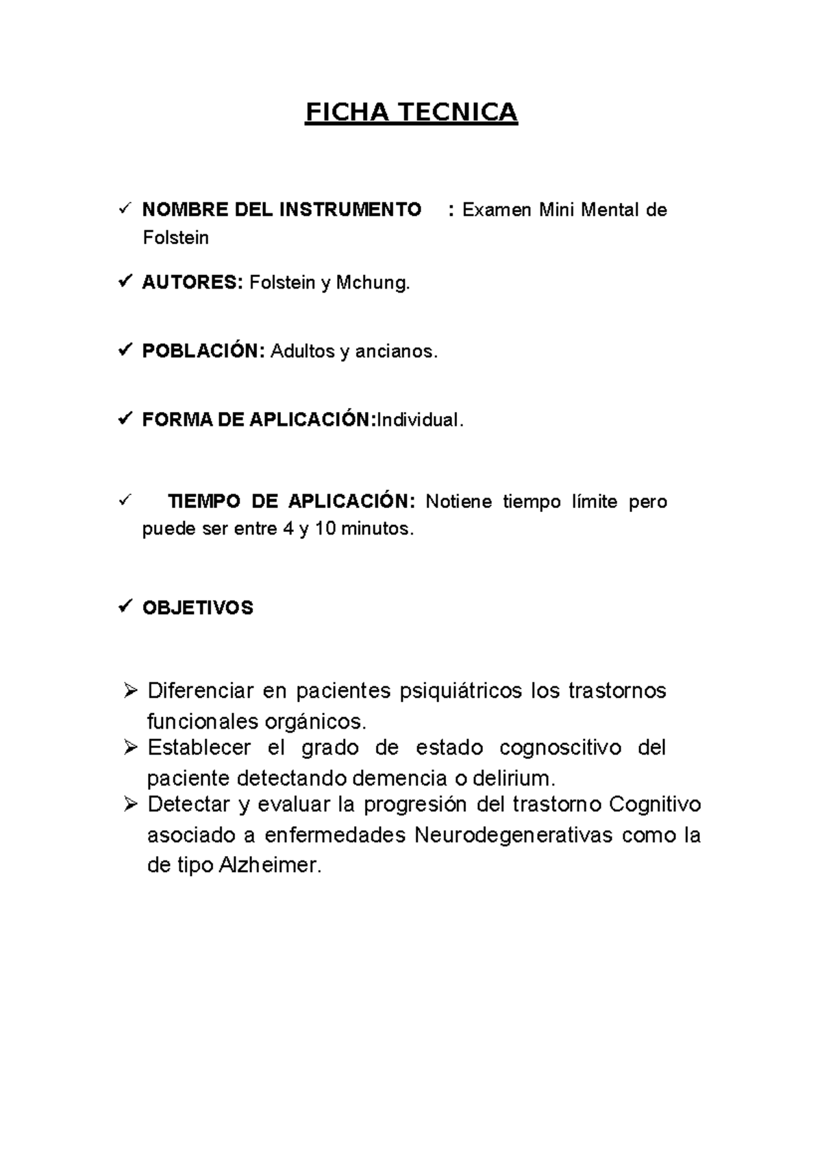 Ficha tecnica mini mental - FICHA TECNICA NOMBRE DEL INSTRUMENTO ...
