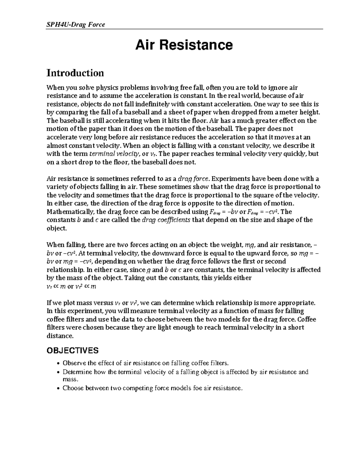 SPH4U Drag Force Lab - SPH 4 U-Drag Force Air Resistance Introduction ...