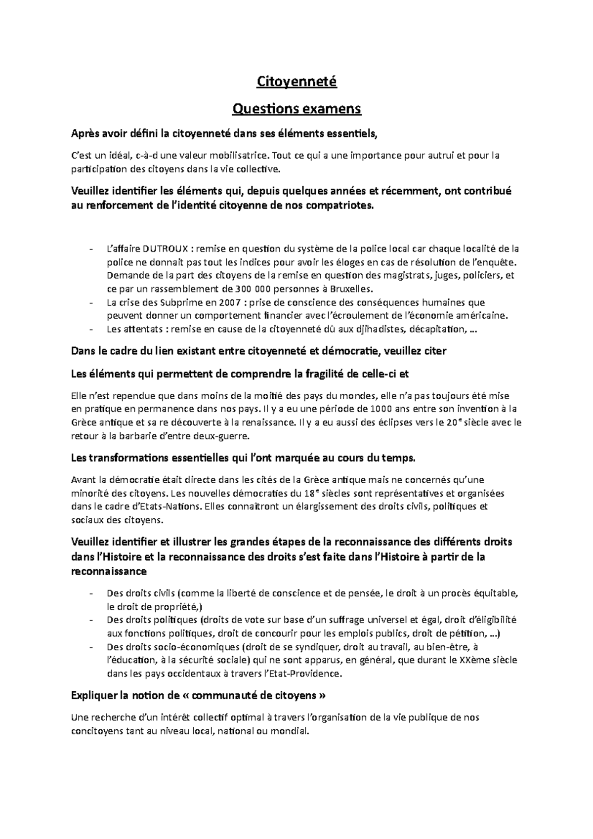 Citoyenneté - Note de cours - Citoyenneté Questions examens Après avoir ...