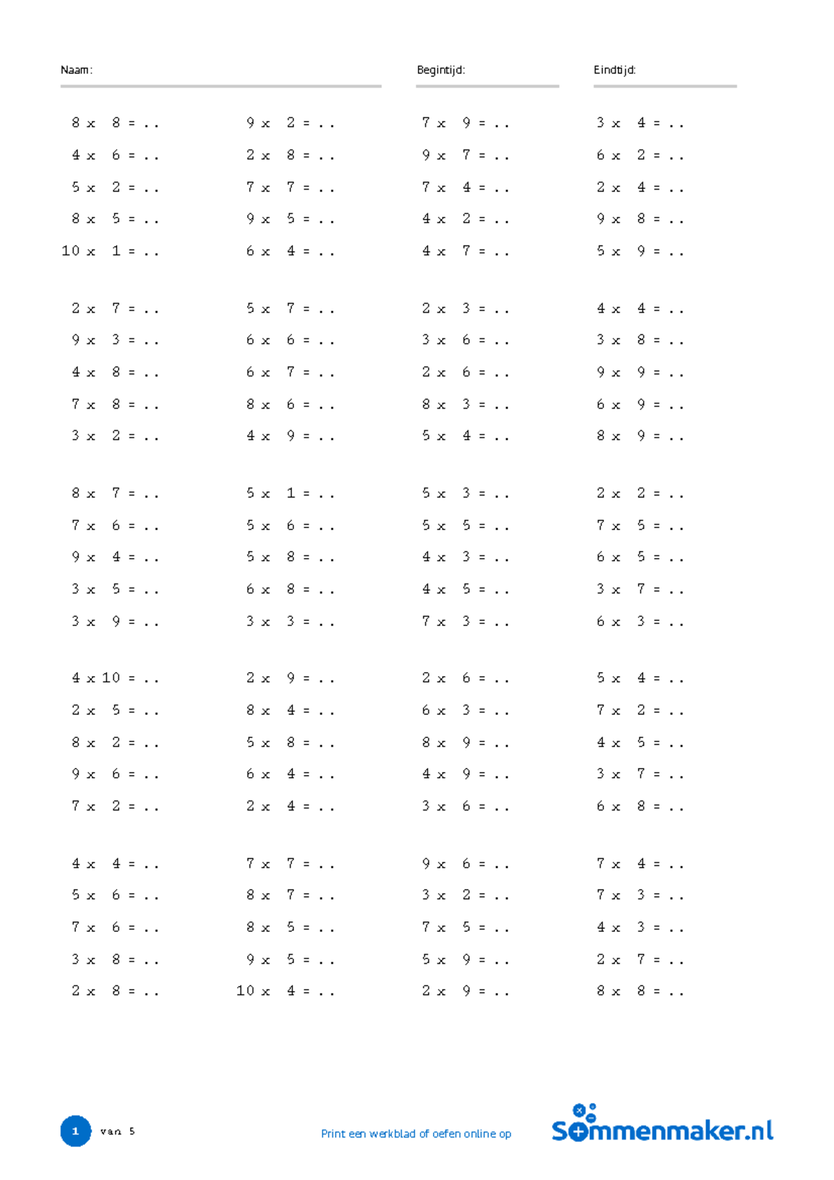 Pdf 65cb85641 d1eb - keersommen - 8 x 8 = .. 4 x 6 = .. 5 x 2 = .. 8 x ...