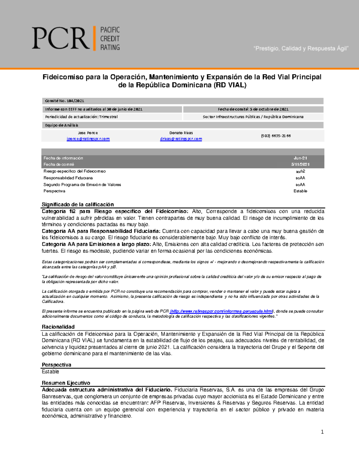 Pacific credit rating RD VIAL - Fideicomiso para la Operación ...