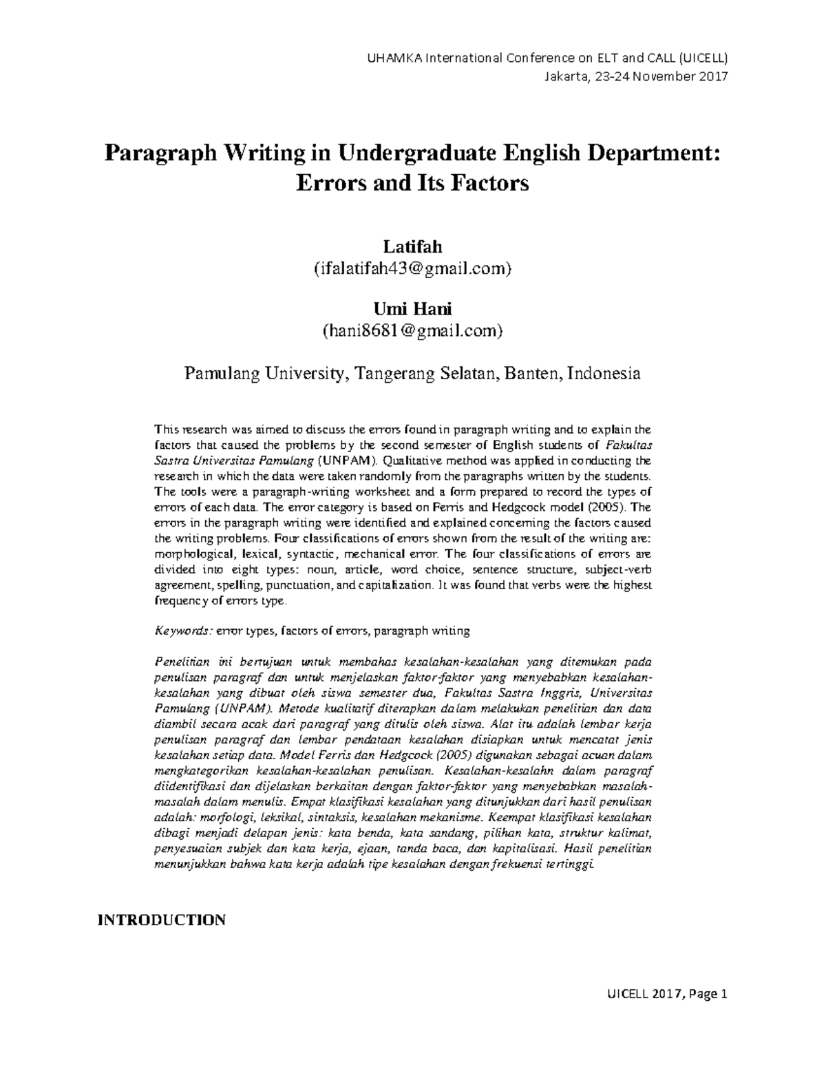 Paragraph Writing in Undergraduate English Department- Errors and Its ...