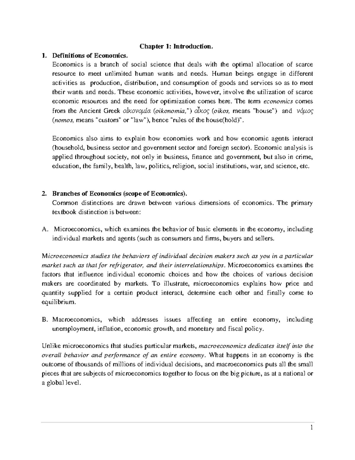 Microeconomics - Lecture notes 1 - **Chapter 1: Introduction ...