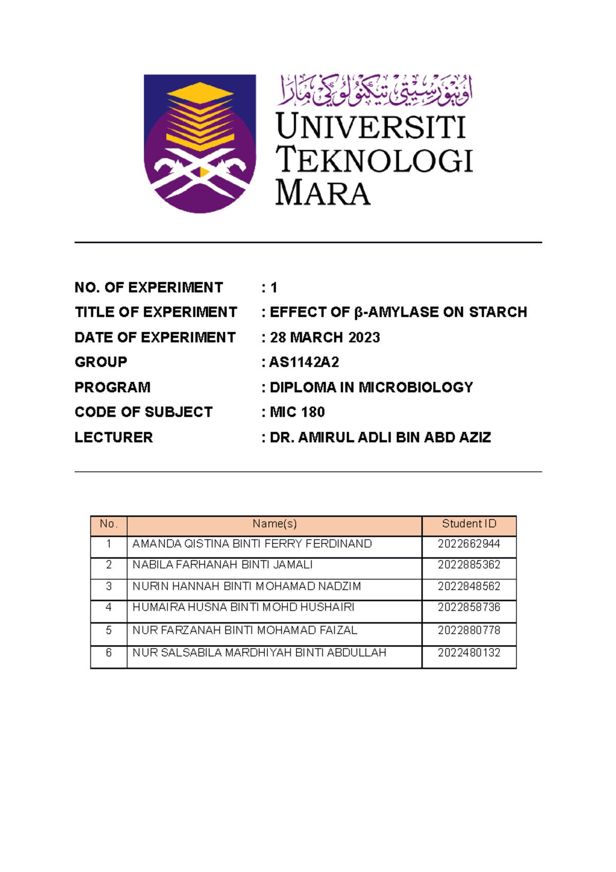 LAB Report EXP 1 - ..... - NO. OF EXPERIMENT : 1 TITLE OF EXPERIMENT ...