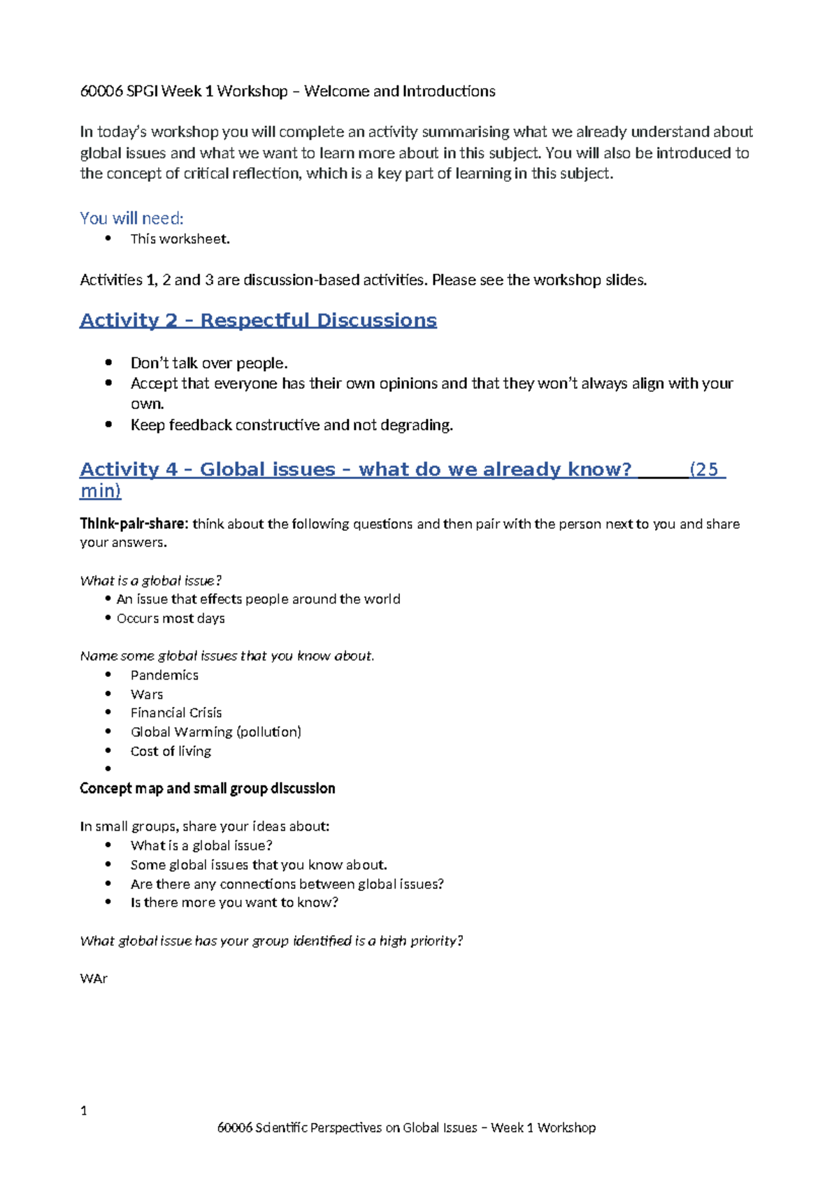 SPGI AUT23 Week 1 workshop worksheet - 60006 SPGI Week 1 Workshop ...