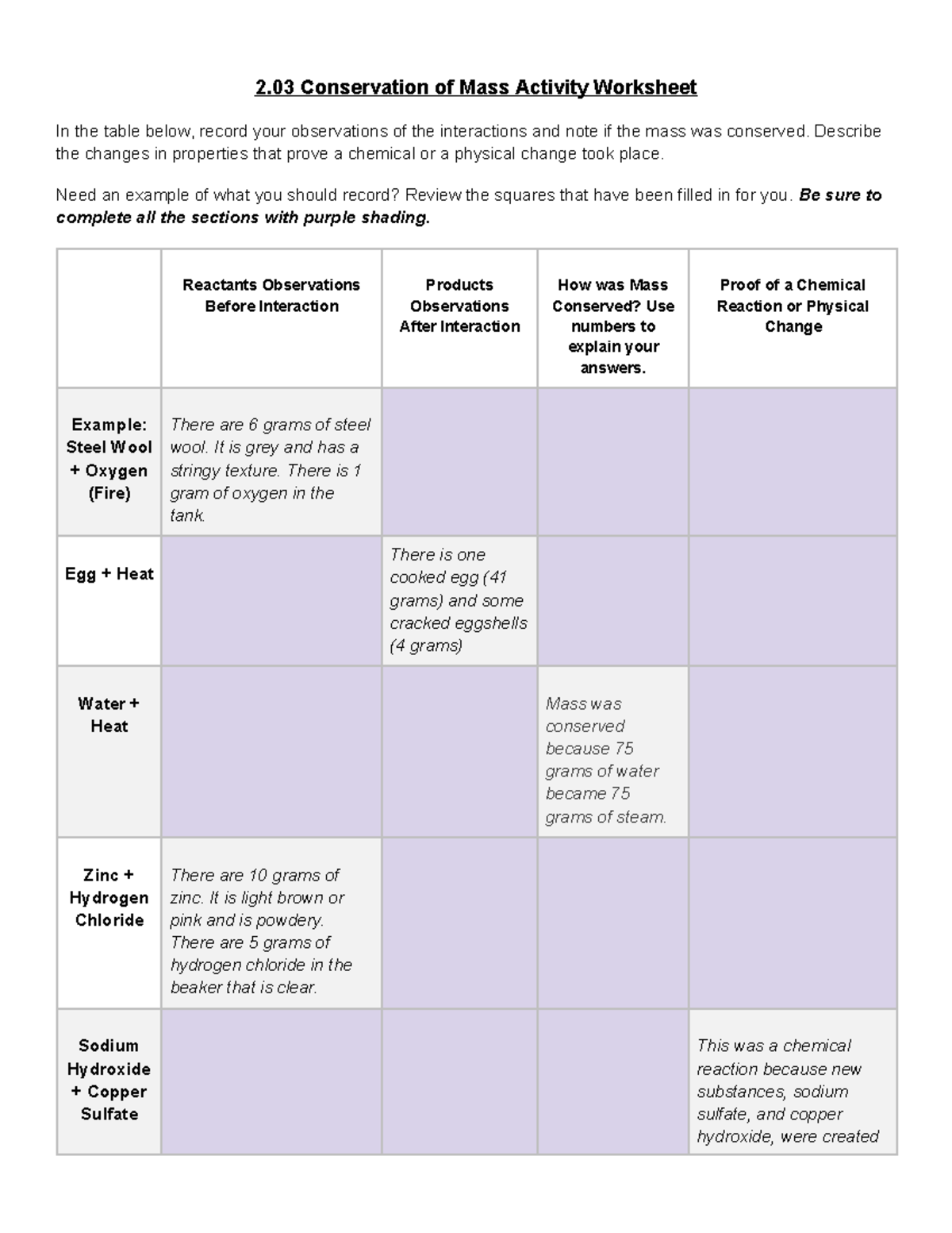 Conservation mass activity worksheet - 2 Conservation of Mass Activity ...