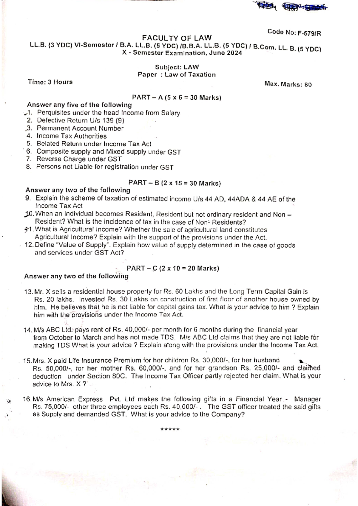 BBA LL.B Xth Sem - Law of Taxation paper - 2024 - Code No: FACULTY OF LAW LL. (3 YDC) B. LL. (5 ...