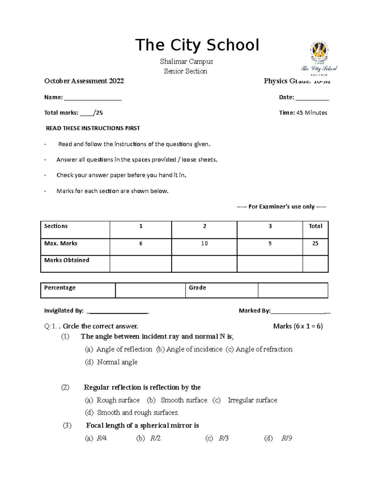 Physics 10 October22 Assessment With Cover Page The City School Shalimar Campus Senior 