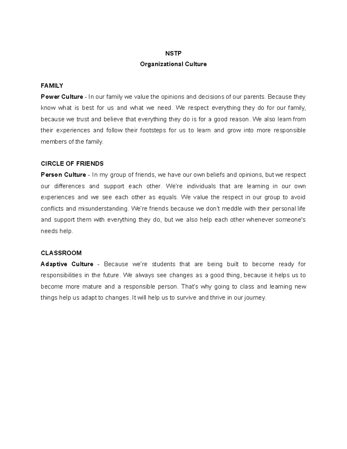 NSTP ORG - ORGANIZATION - NSTP Organizational Culture FAMILY Power ...