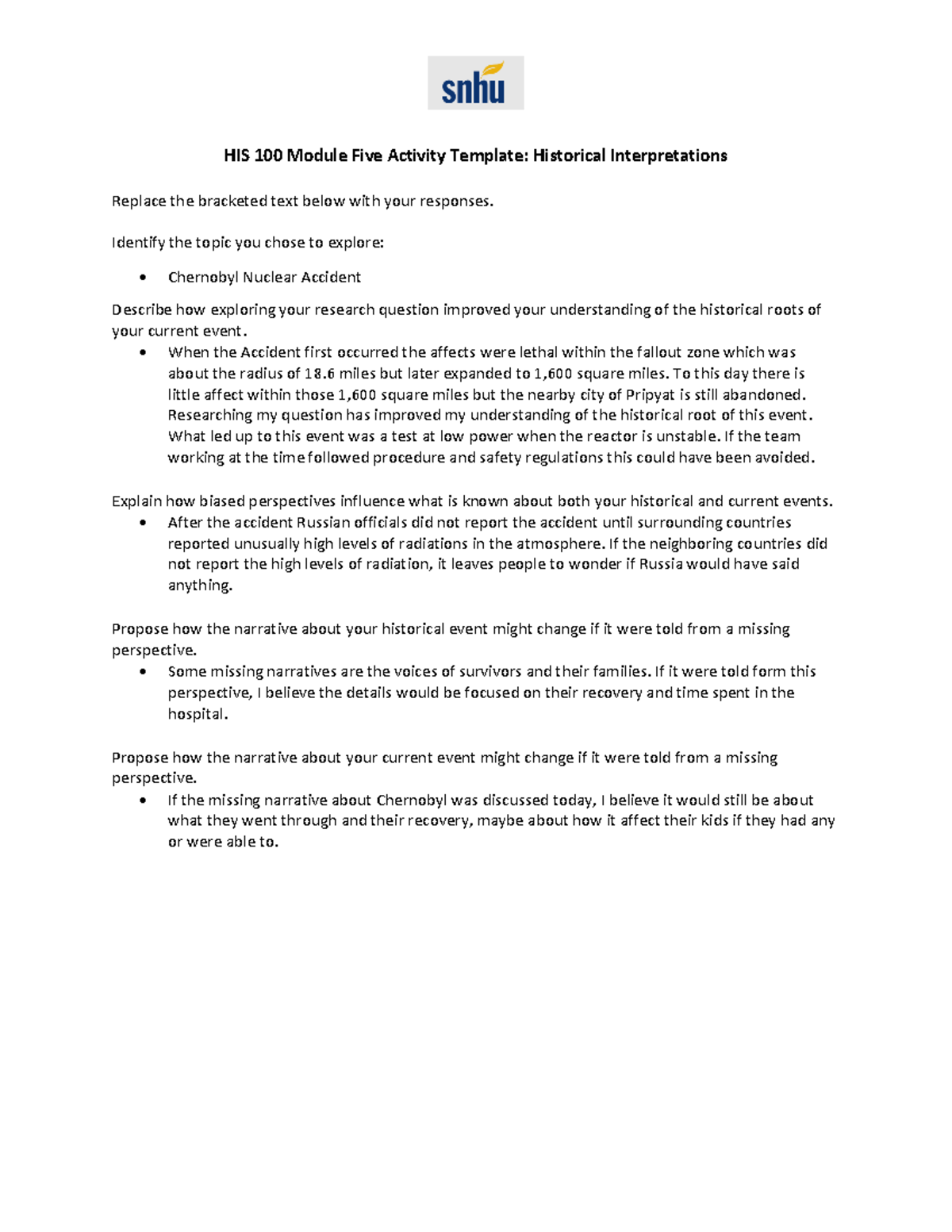 HIS 100 Module Five Activity Template - Identify the topic you chose to ...