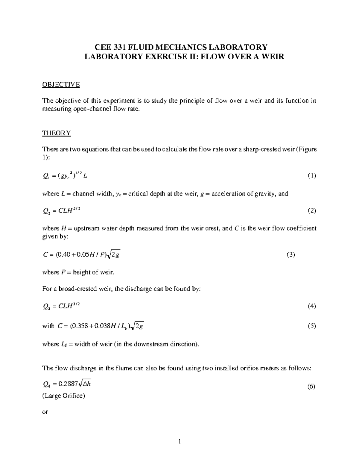 Flow Over a Weir - Lecture notes 3 - CEE 331 FLUID MECHANICS LABORATORY ...