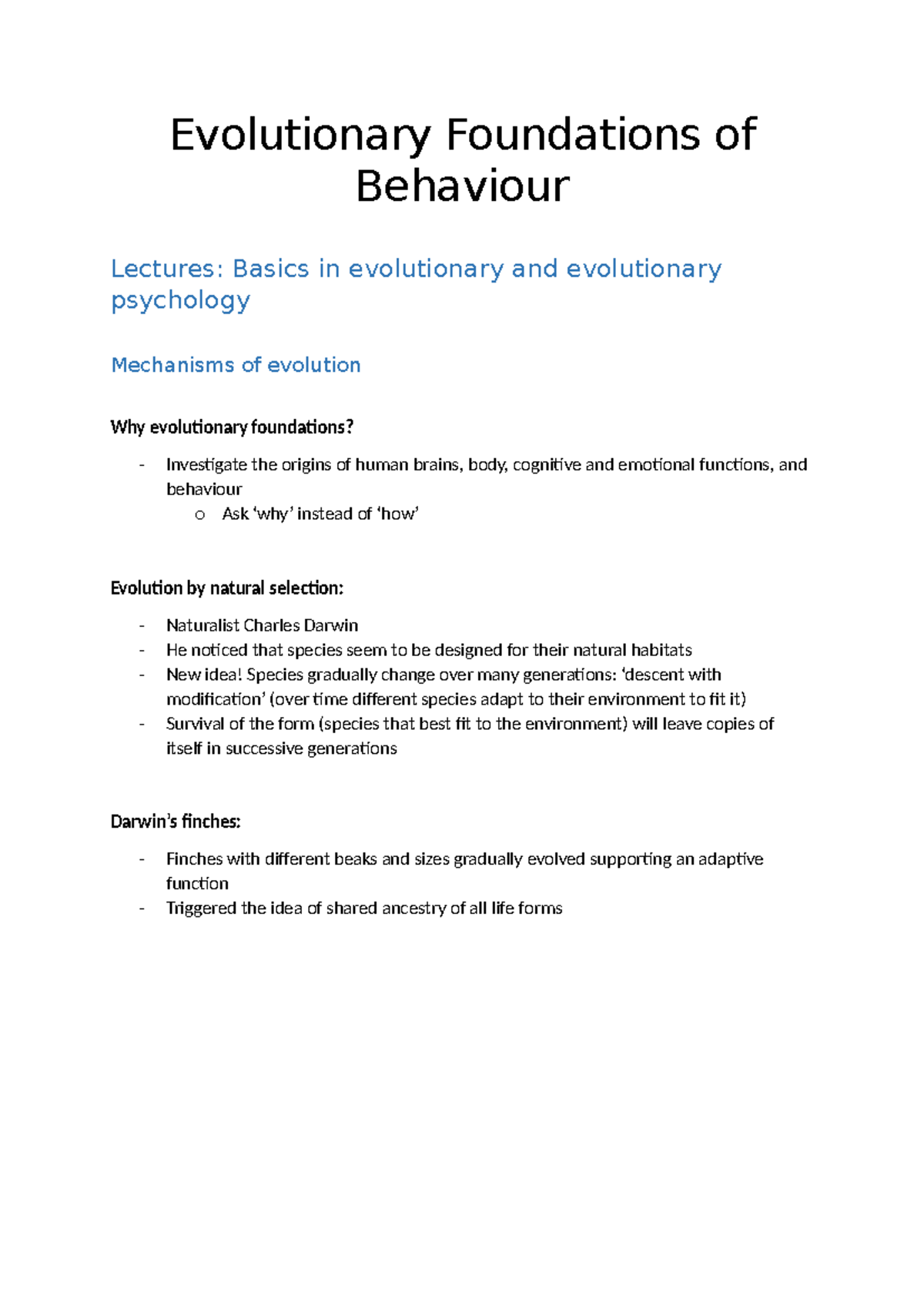 Evolutionary Foundations of Behaviour - Evolutionary Foundations of Behaviour Lectures: Basics ...