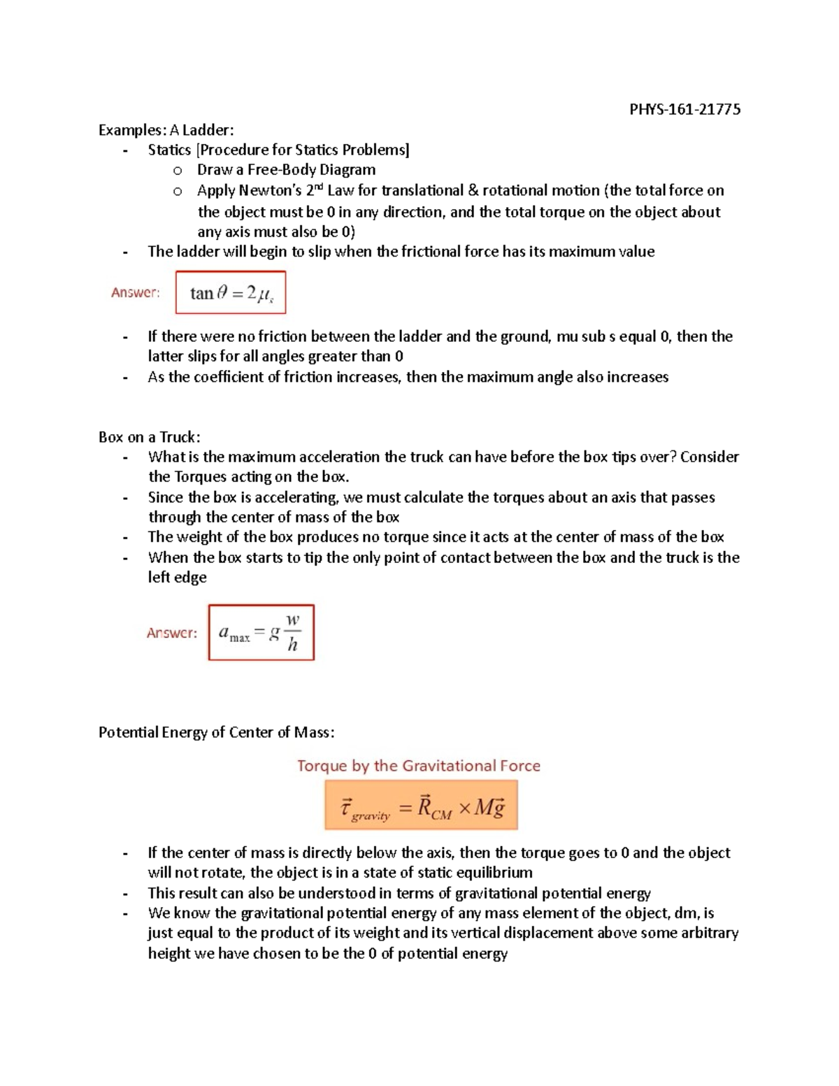 Rotational Statics-Part II [Pre-Lecture] - PHYS-161- Examples: A Ladder ...