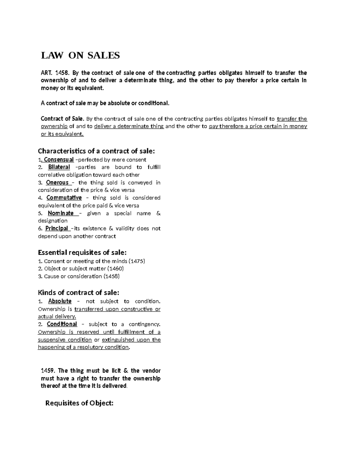 LAW ON Sales Reviewer - ... - LAW ON SALES ART. 1458. By the contract ...