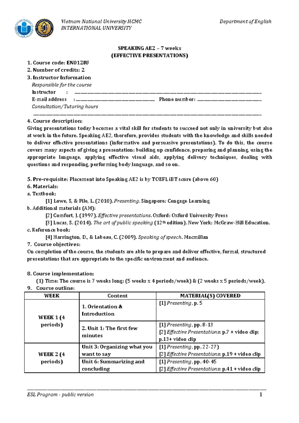 Speaking AE2 - Syllabus - Vietnam National University HCM INTERNATIONAL UNIVERSITY - Studocu