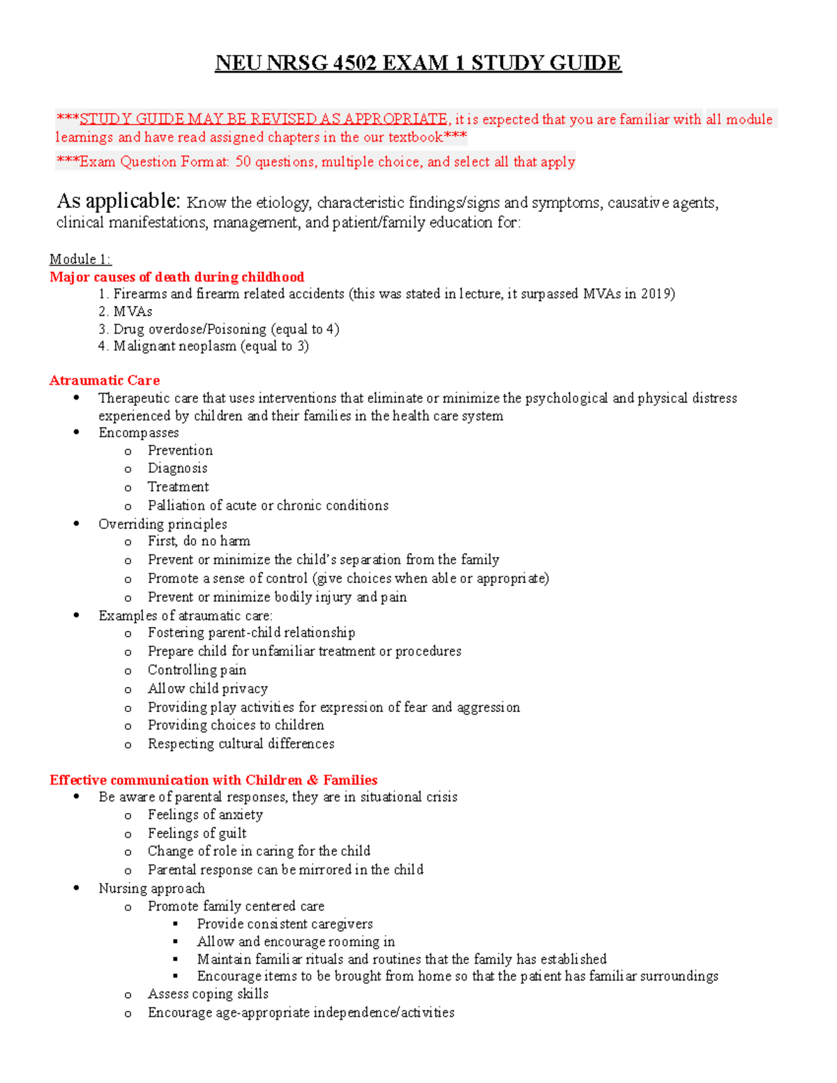 Pediatrics Exam 1 study guide - NEU NRSG 4502 EXAM 1 STUDY GUIDE ...