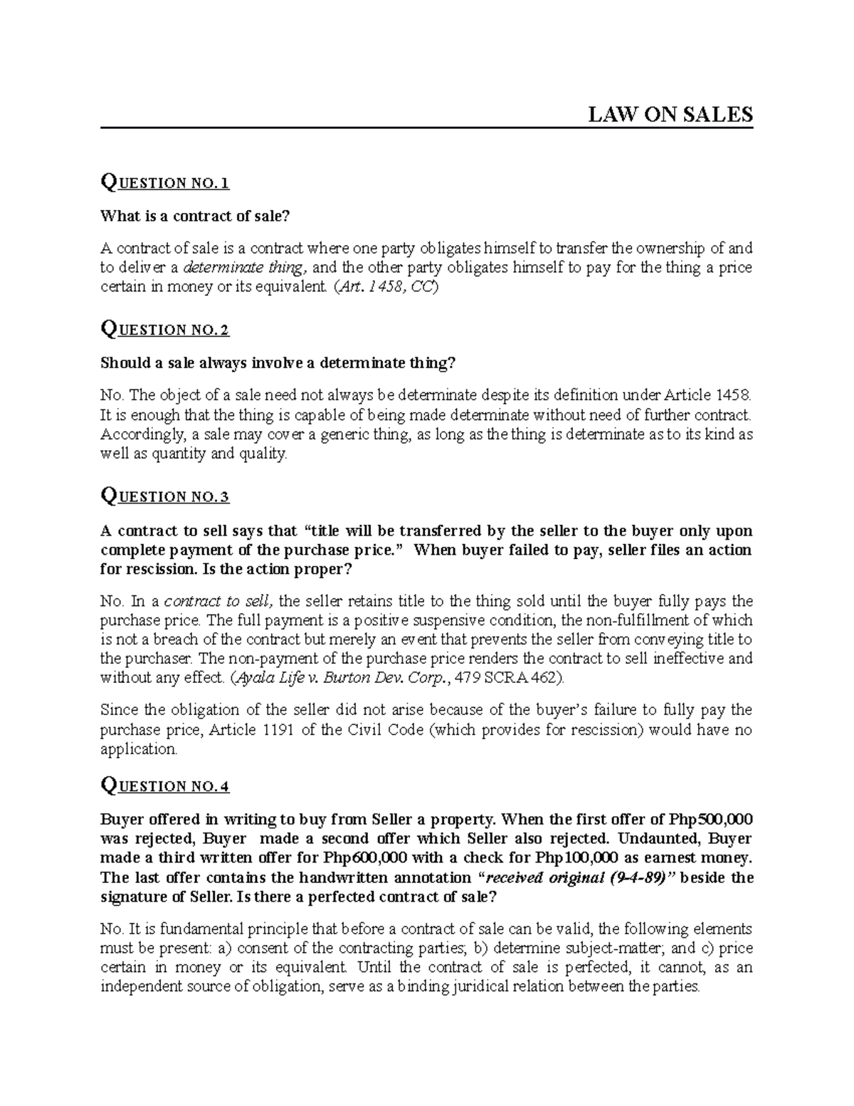 Law on Sales - Reviewer - Juris Doctor - Studocu