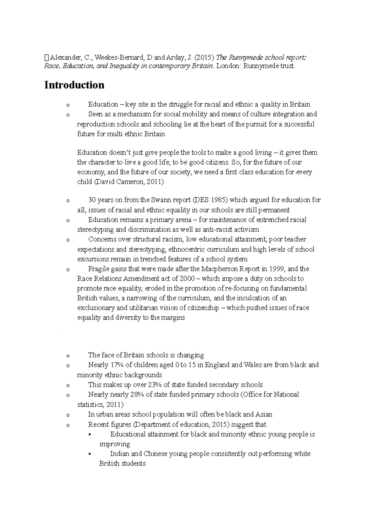 Week 3 reading - 🐀 Alexander, C., Weekes-Bernard, D and Arday, J. (2015 ...