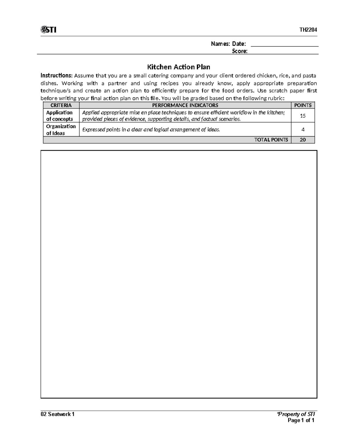02 Seatwork 1 - TH Kitchen Action Plan Instructions: Assume that you ...