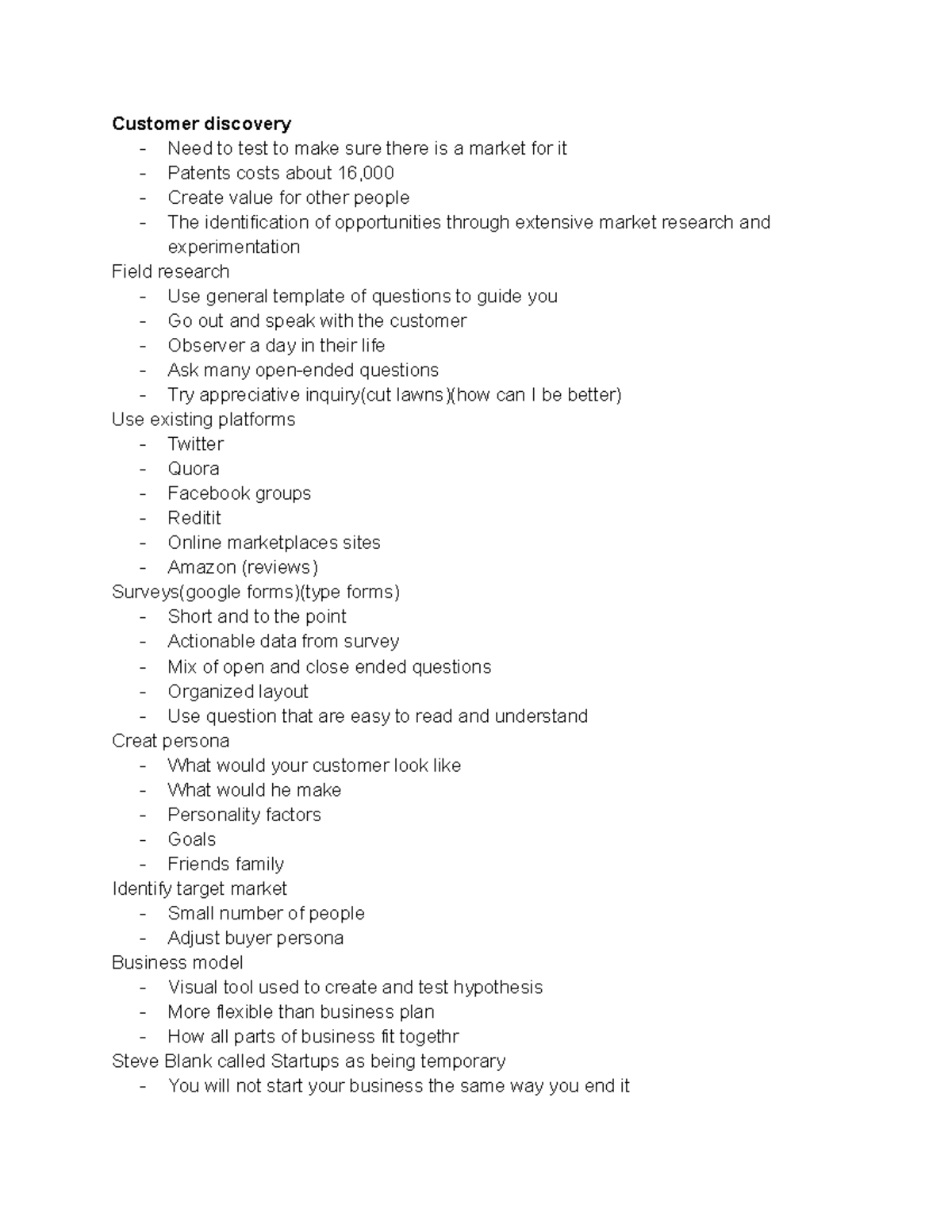 Exam 3 ENT - Exam three lecture notes - Customer discovery - Need to ...