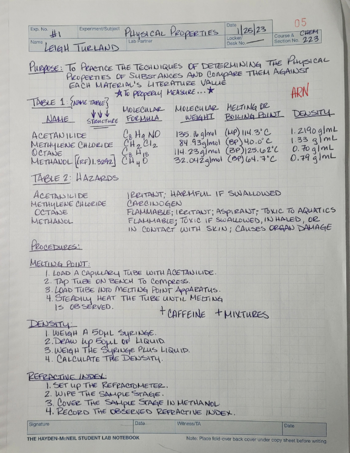 Physical Properties Lab Notebook - CHEM 223 - Studocu