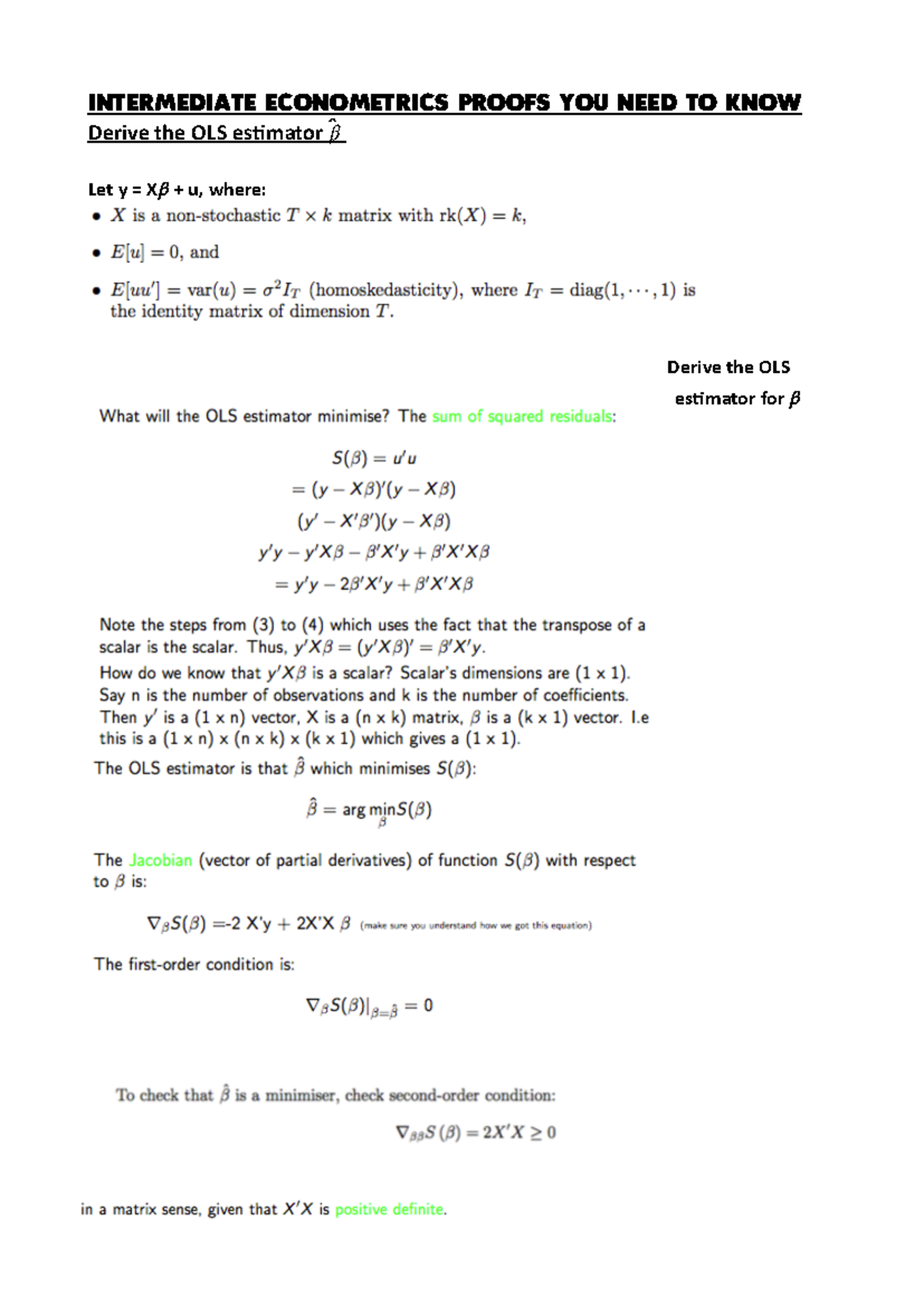 Proofs Revision Guide - INTERMEDIATE ECONOMETRICS PROOFS YOU NEED TO KNOW Derive the OLS es ...
