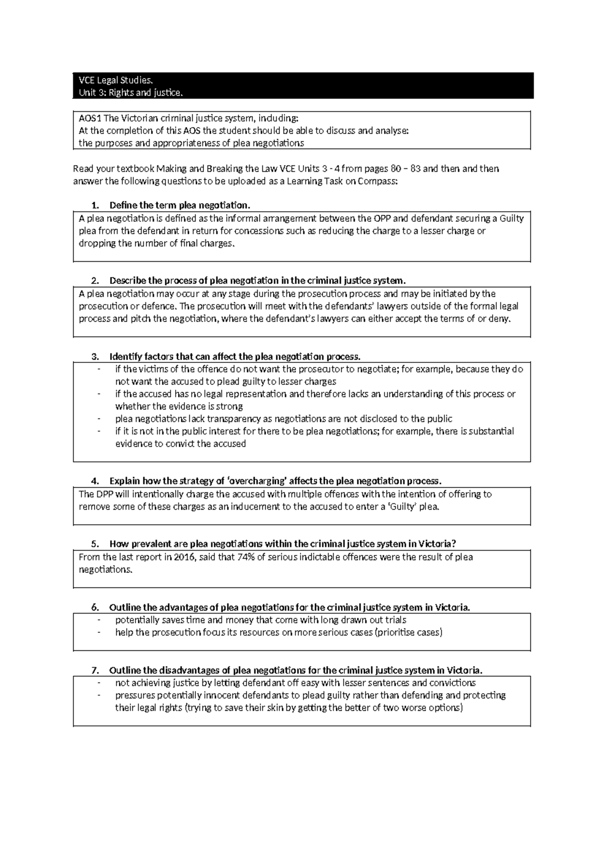 Plea negotiations WS - VCE Legal Studies. Unit 3: Rights and justice ...