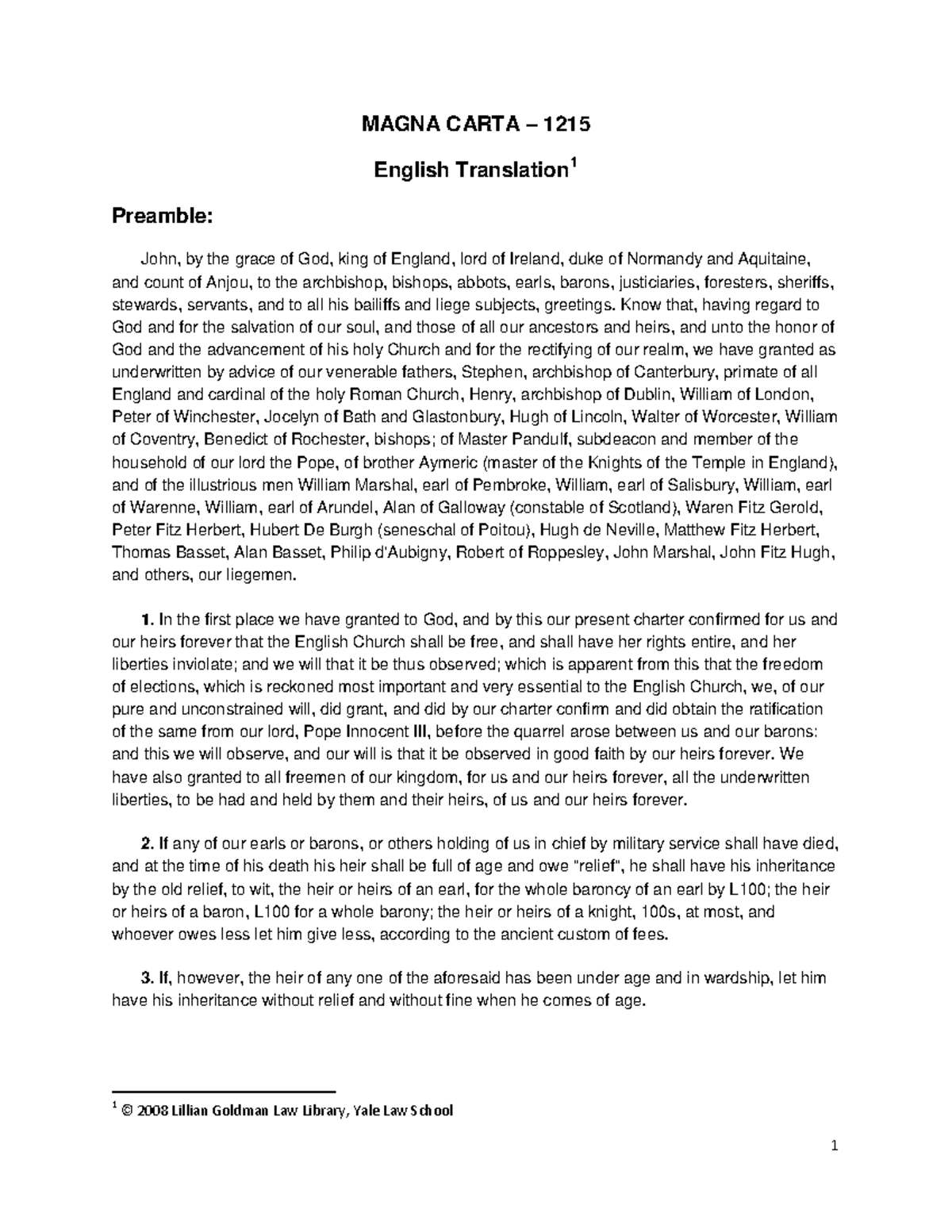 Magna Carta English Translation - MAGNA CARTA – 1215 English ...