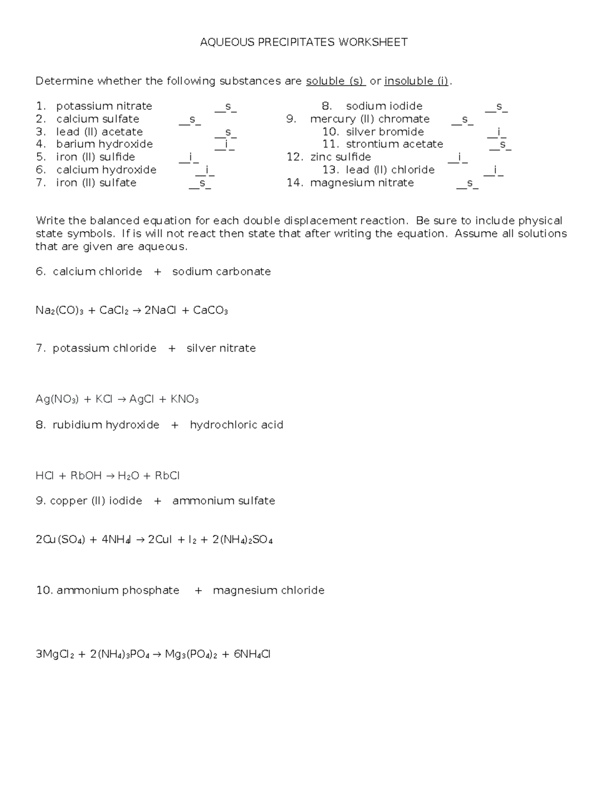 Net Ionic Worksheet - AQUEOUS PRECIPITATES WORKSHEET Determine whether ...