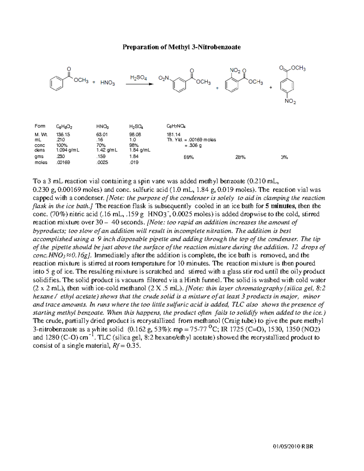 Handout 202l methyl 3 nitrobenzoate a - 01/05/2010 RBR Preparation of ...
