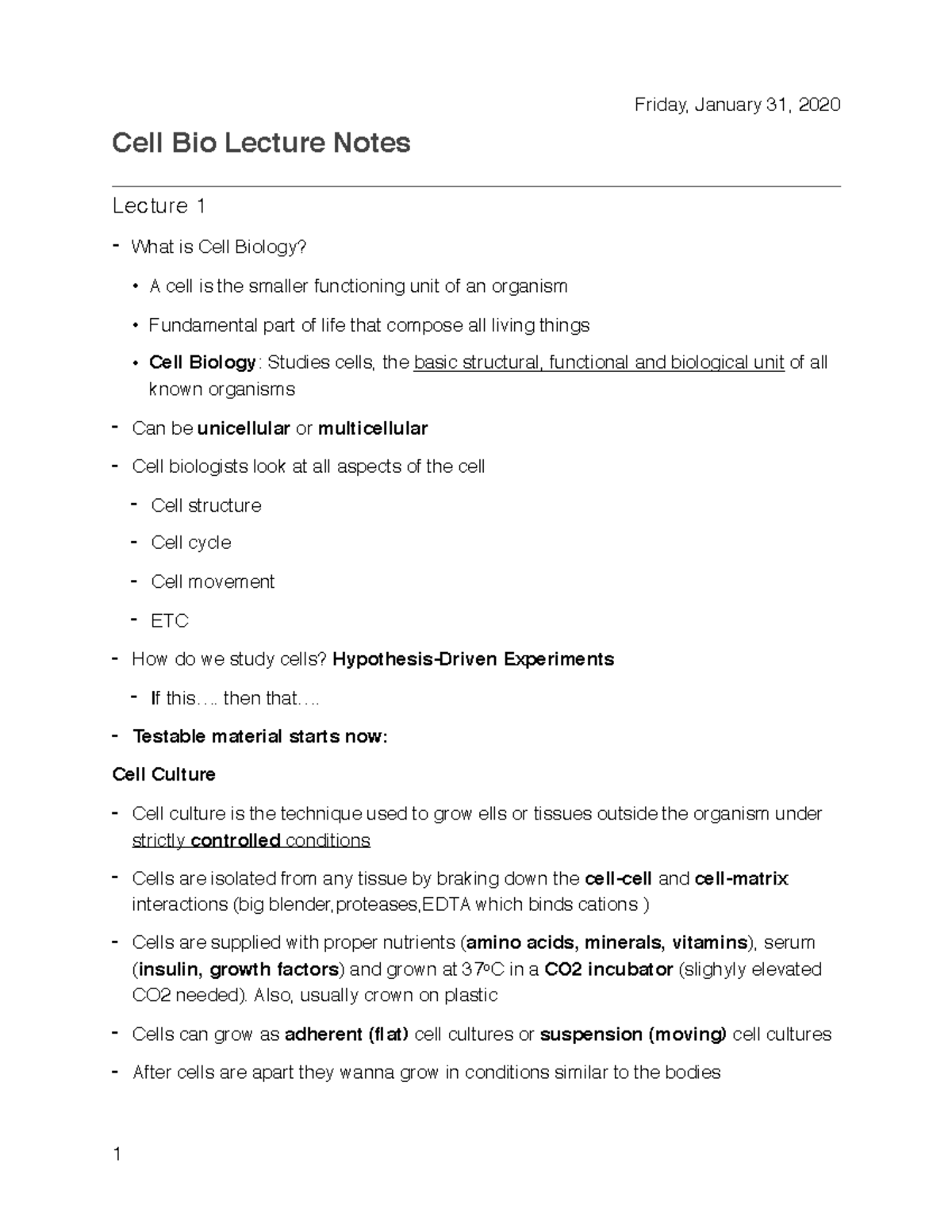 Cell Bio Study Note - Cell Bio Lecture Notes Lecture 1 - What is Cell ...